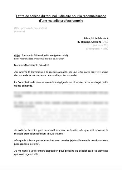 Lettre saisine TJ pour reconnaissance de maladie professionnelle - document et modèle à télécharger